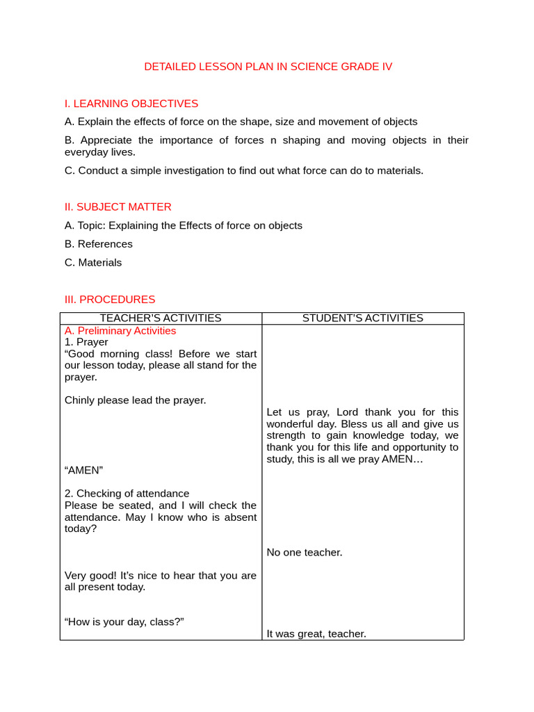 Effects of Force on Objects in Grade IV | PDF | Force | Teachers