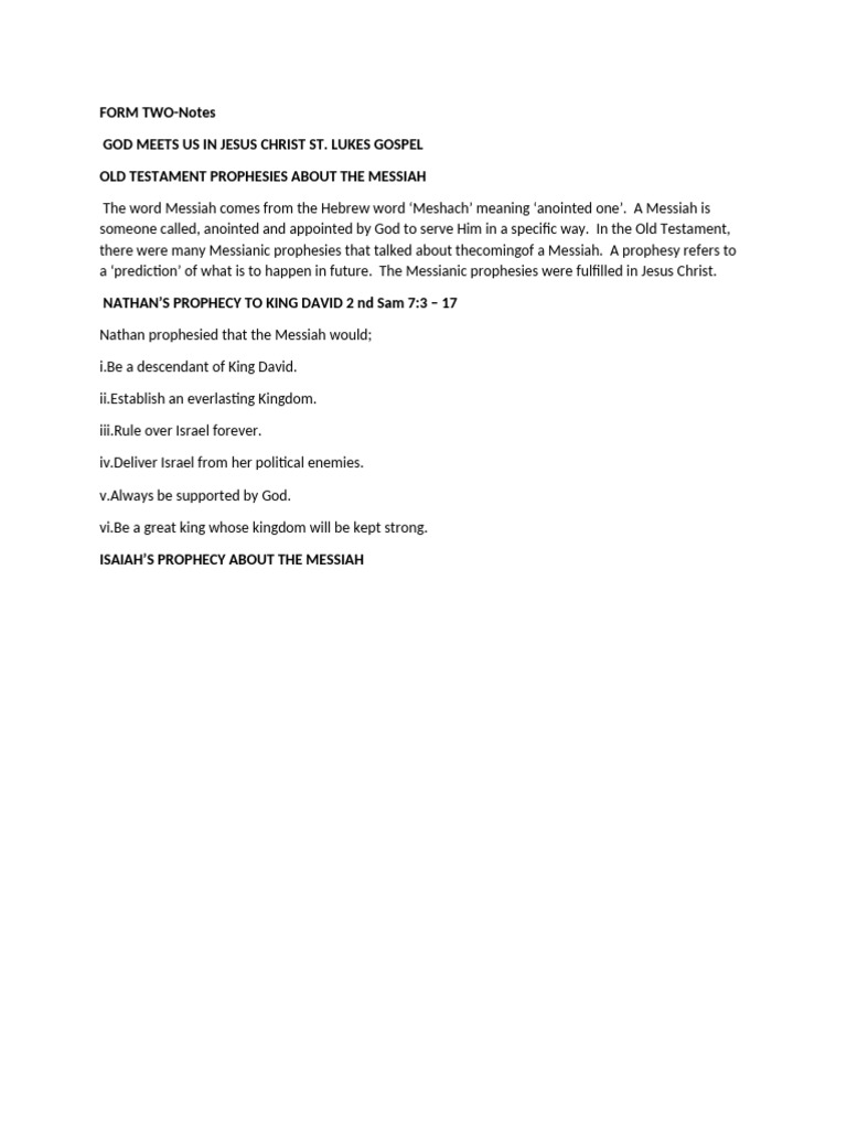 Form 2 CRE Notes: Messiah Prophecies | PDF