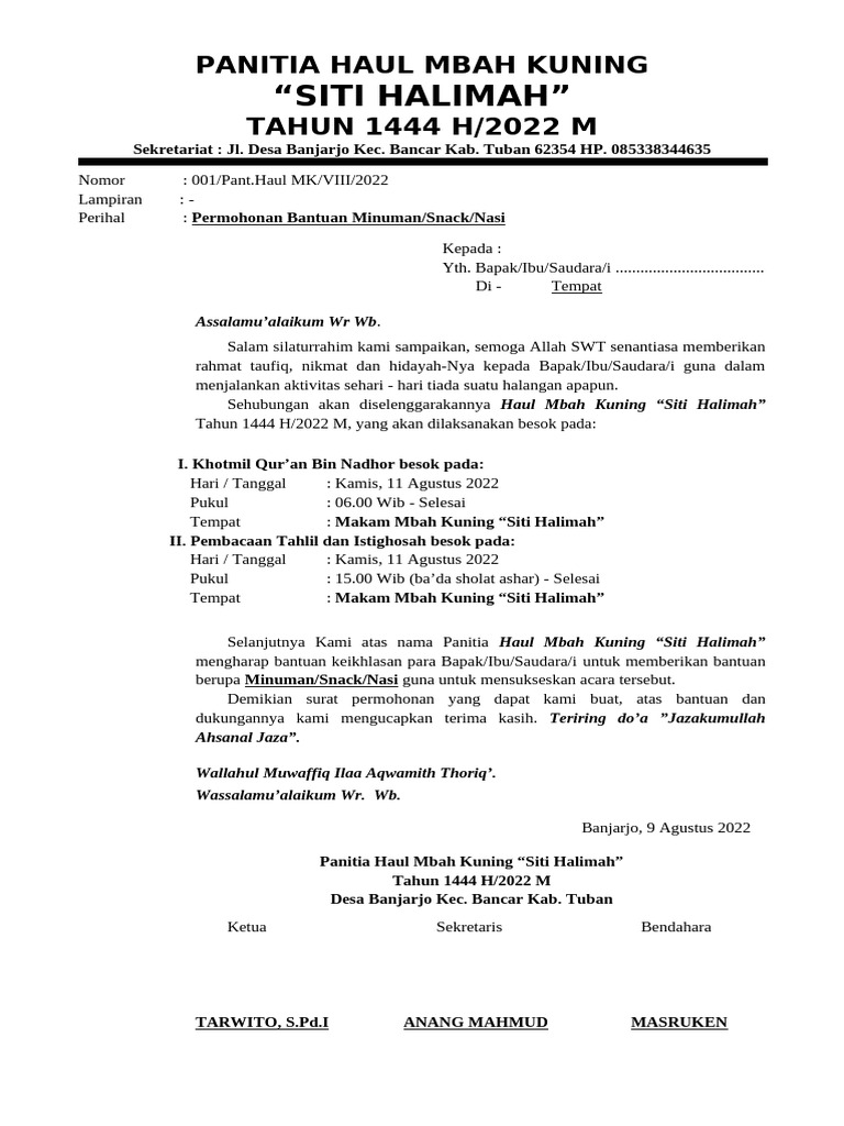 Permohonan Bantuan Haul Mbah Kuning | PDF