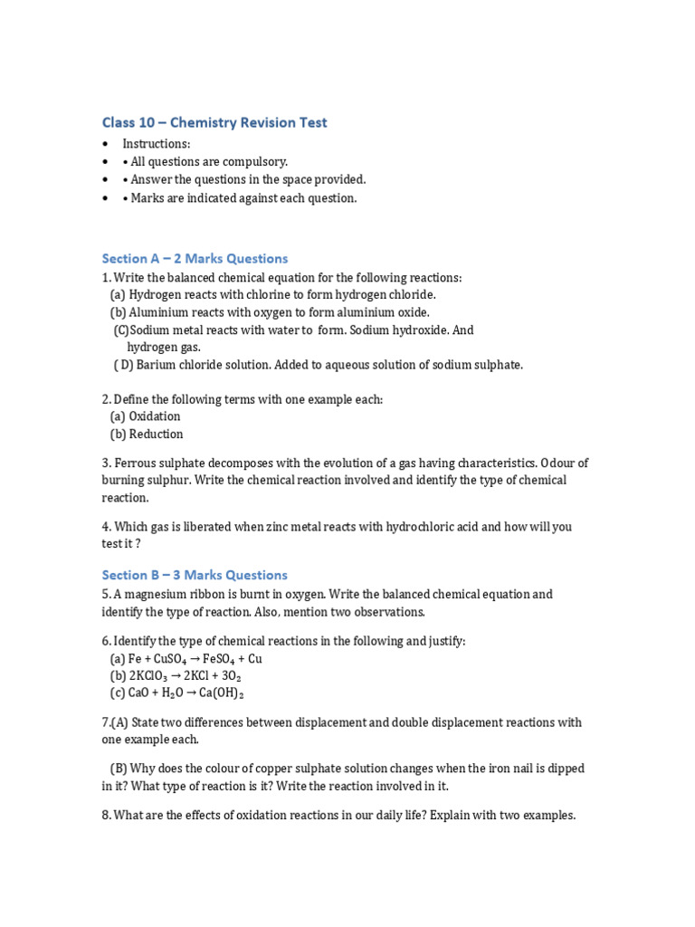 Class 10 Chemistry Chapter 1 Test | PDF | Chemical Reactions | Hydroxide