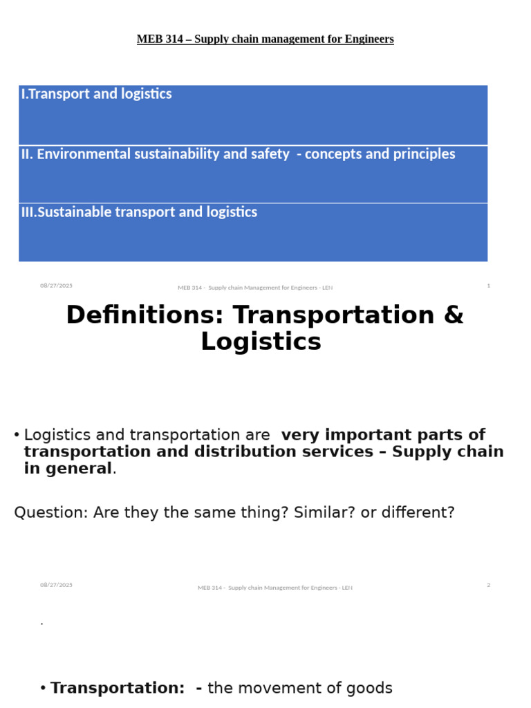 MEB 314 - Lecture I and II - Introduction | PDF | Logistics ...