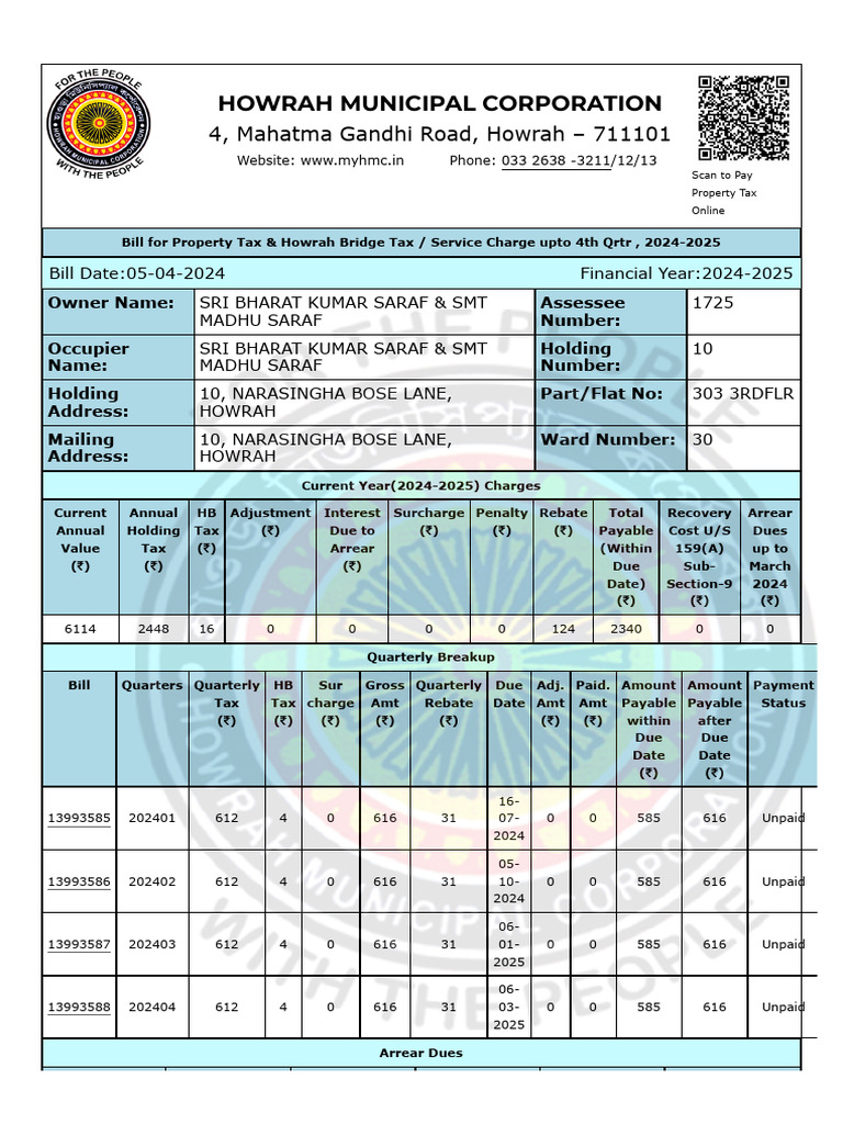Howrah Municipal Corporation Property Tax Bill | PDF | Property Tax ...