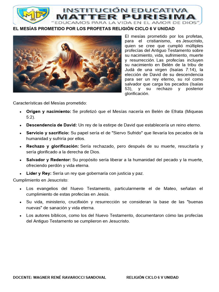El Mesías Prometido Por Los Profetas Religión Ciclo 6 V Unidad | PDF ...