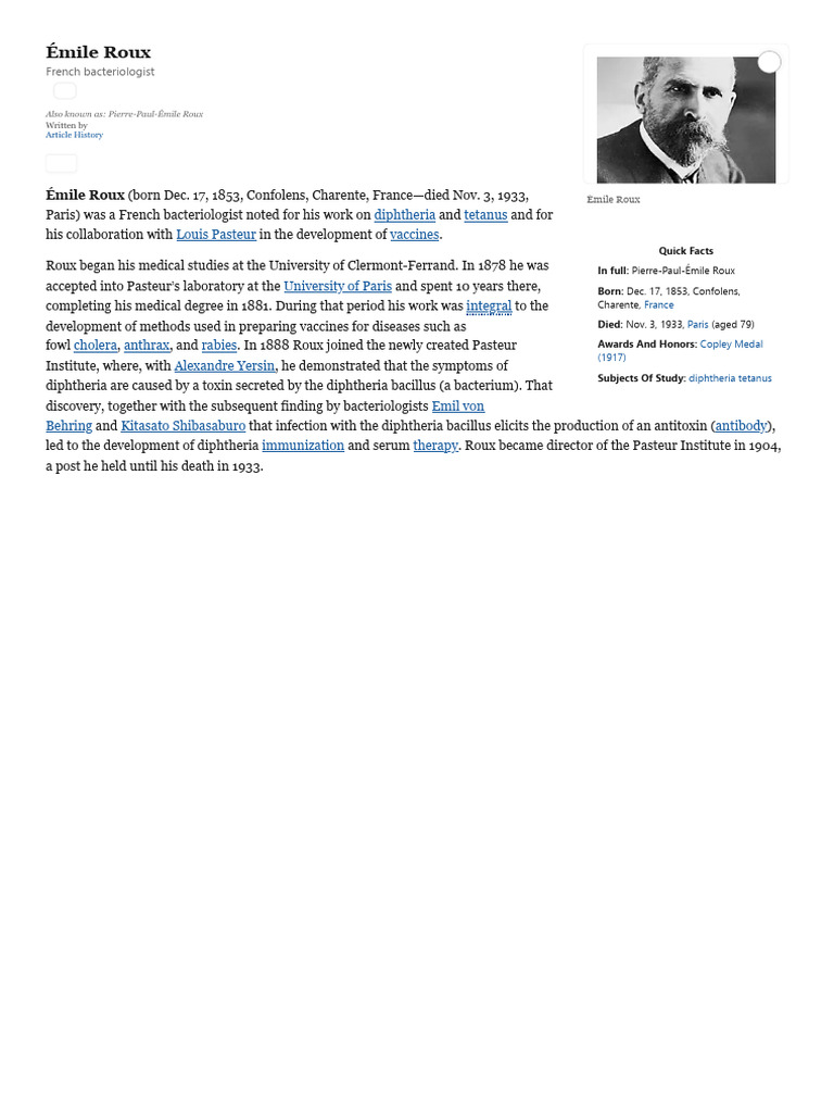 Émile Roux: Pioneer in Vaccines | PDF