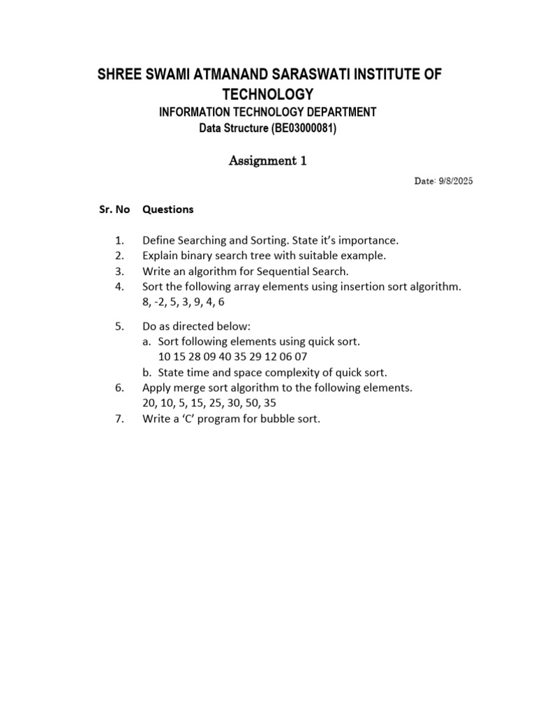 Assignment 1 Searching Sorting | PDF