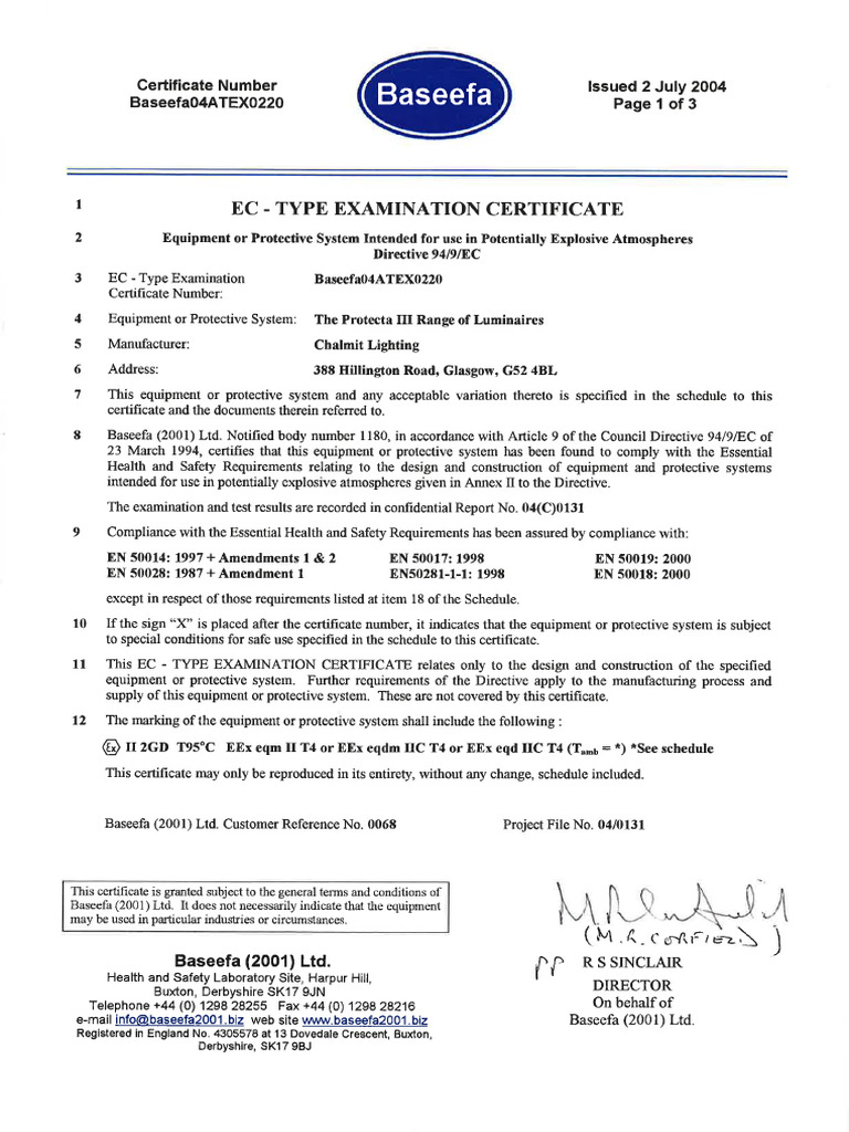 Baseefa 04atex0220 | PDF