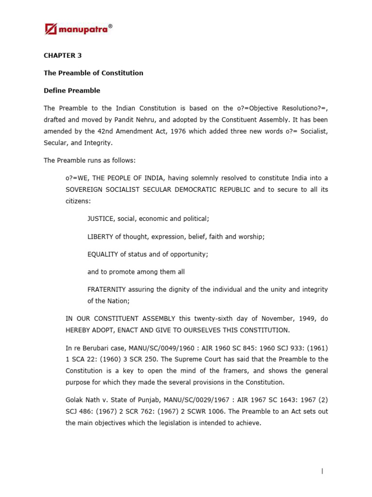 Constitutional Law of India The Preamble of Constitution | PDF ...