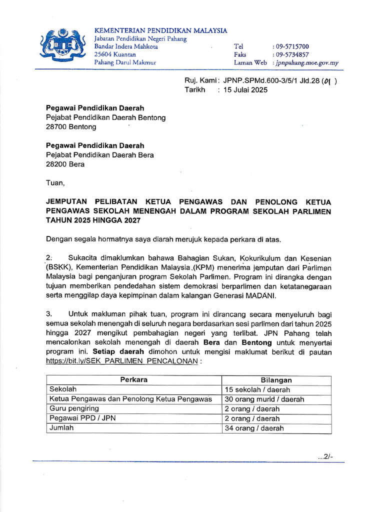 Surat Program Sekolah Parlimen 2025 | PDF