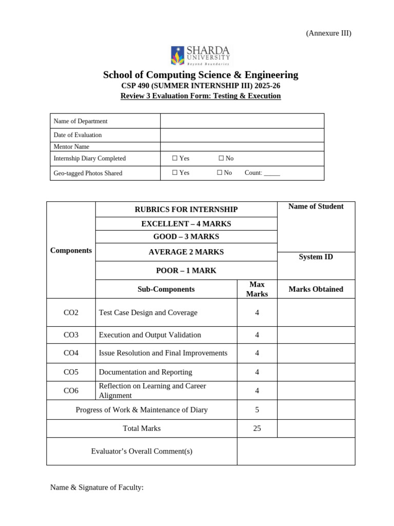 Internship Evaluation Form: Testing & Execution | PDF | Learning
