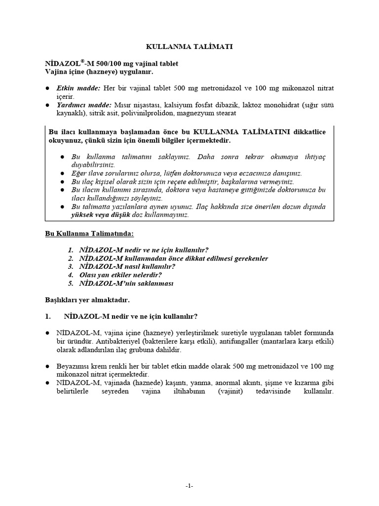 Nidazol M 500 100 MG Vajinal Tablet KT | PDF