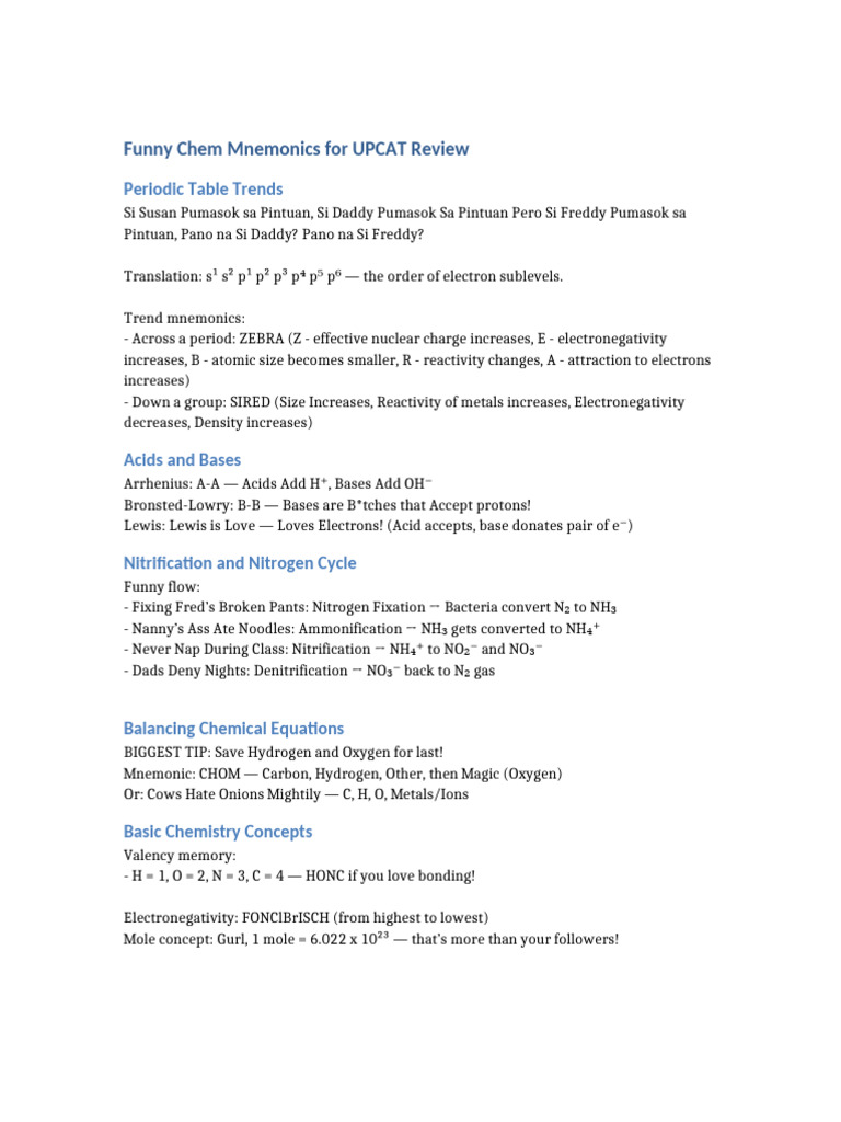UPCAT Chem Mnemonics Funny Edition 20250519 | PDF
