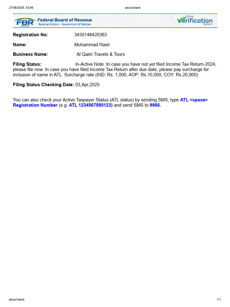 Registration No: Name: Business Name: Filing Status:: ATL Registration ...