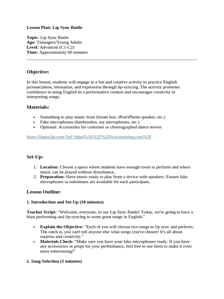 Engaging Lip Sync Battle Lesson Plan | PDF