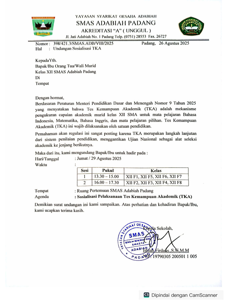 Undangan Sosialisasi TKA | PDF