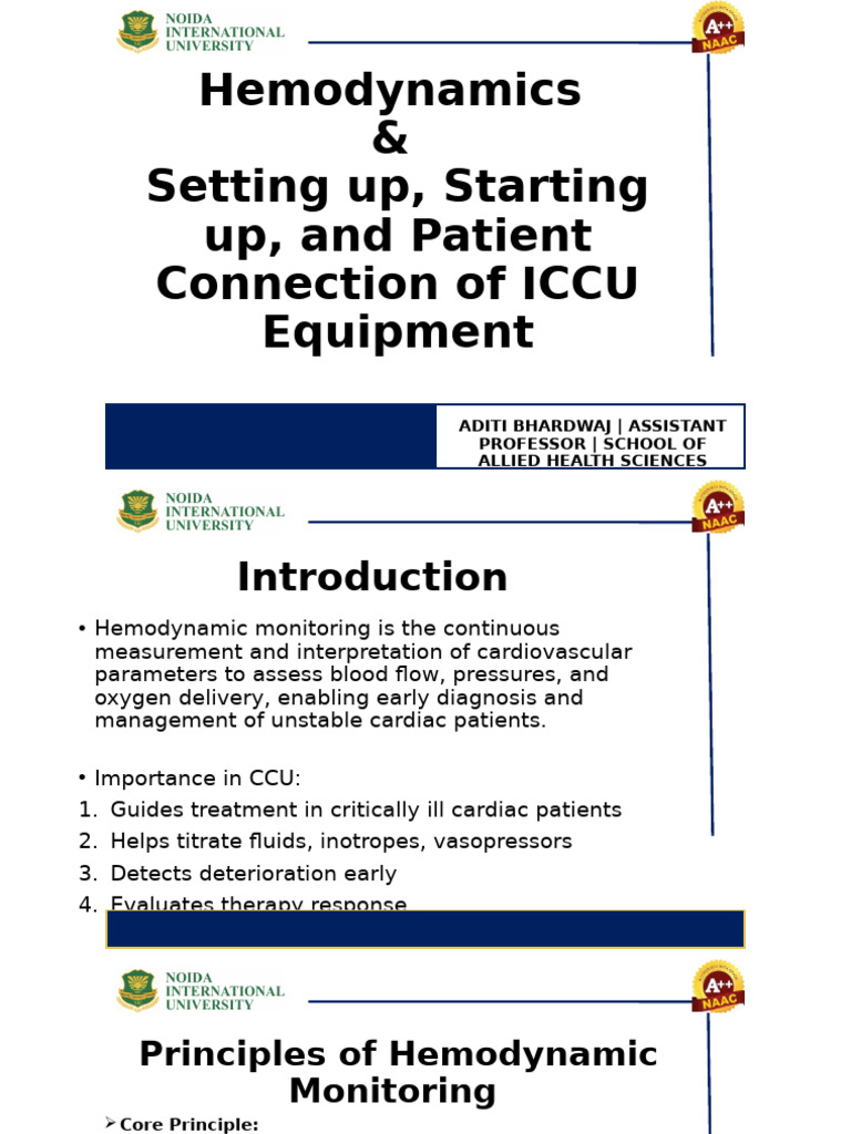 Hemodynamic Monitoring & ICCU Equipment Setup | PDF | Heart | Hemodynamics