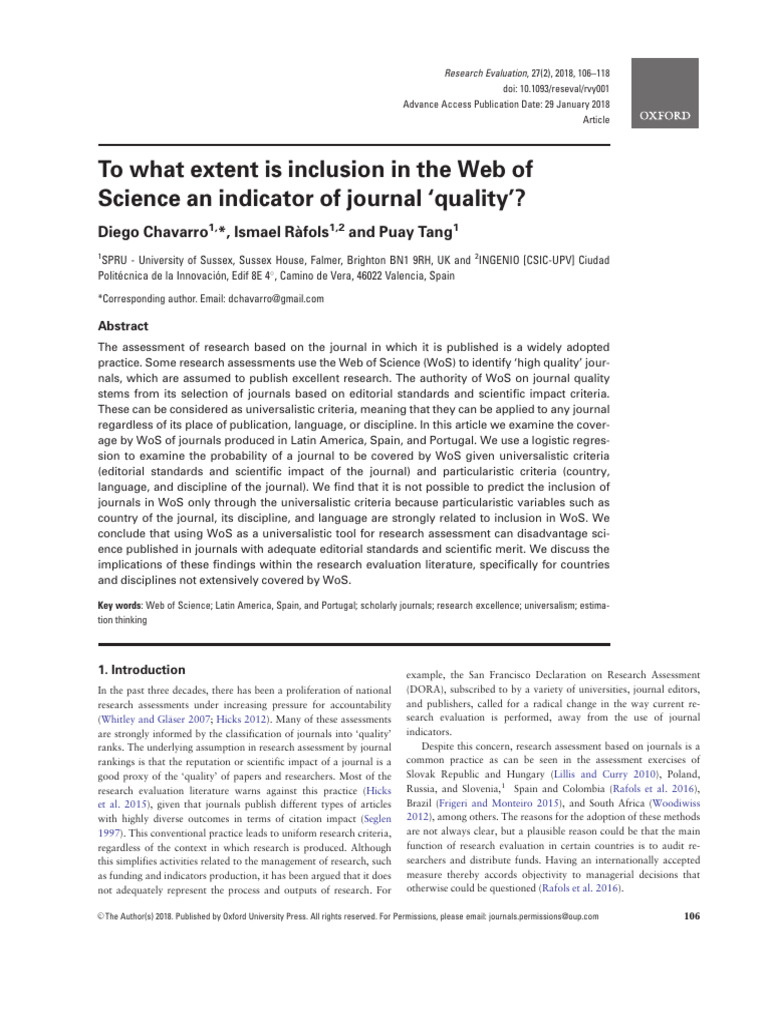 Journal Quality and Web of Science Inclusion | PDF | Logistic ...
