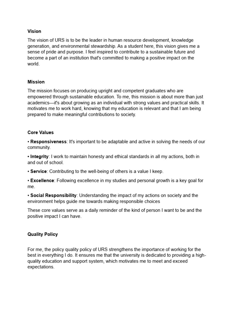 URS Mission, Vision, and Values Overview | PDF
