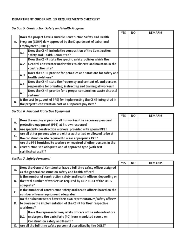 D O N0 13 Requirement Checklist OSHC | PDF | Personal Protective ...