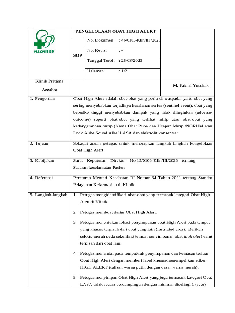 Sop Pengelolaan Obat High Alert | PDF
