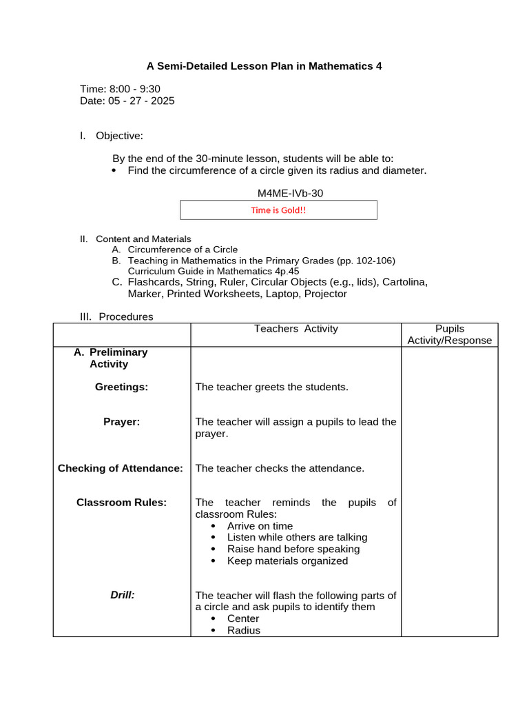 A Detailed Lesson Plan in Mathematics Final Output | PDF | Circle | Pi