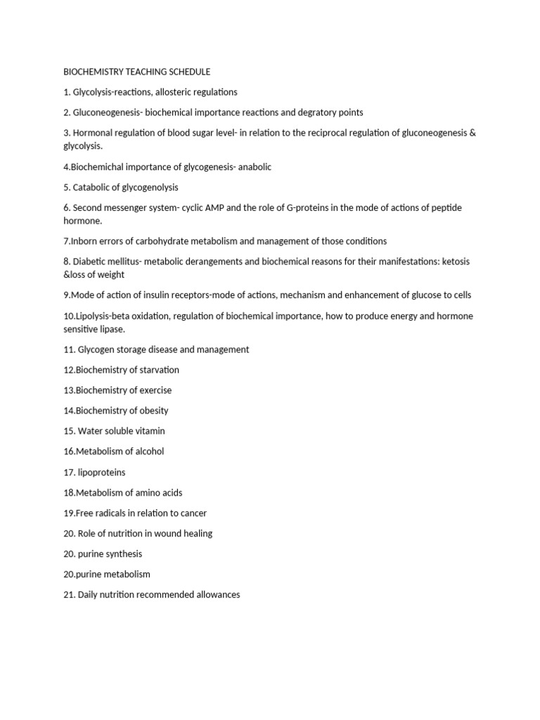 Biochemistry Teaching Schedule Overview | PDF