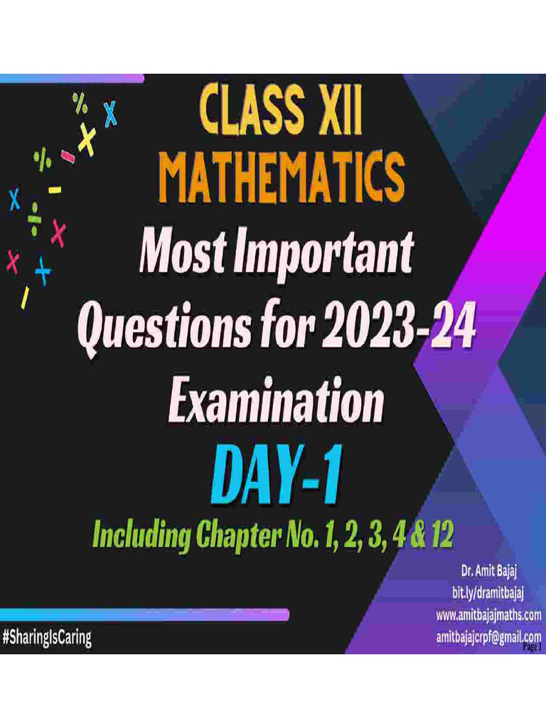 Xii Maths Day-1 (CH 1,2,3,4,12) Most Important Questions 2023-24 | PDF