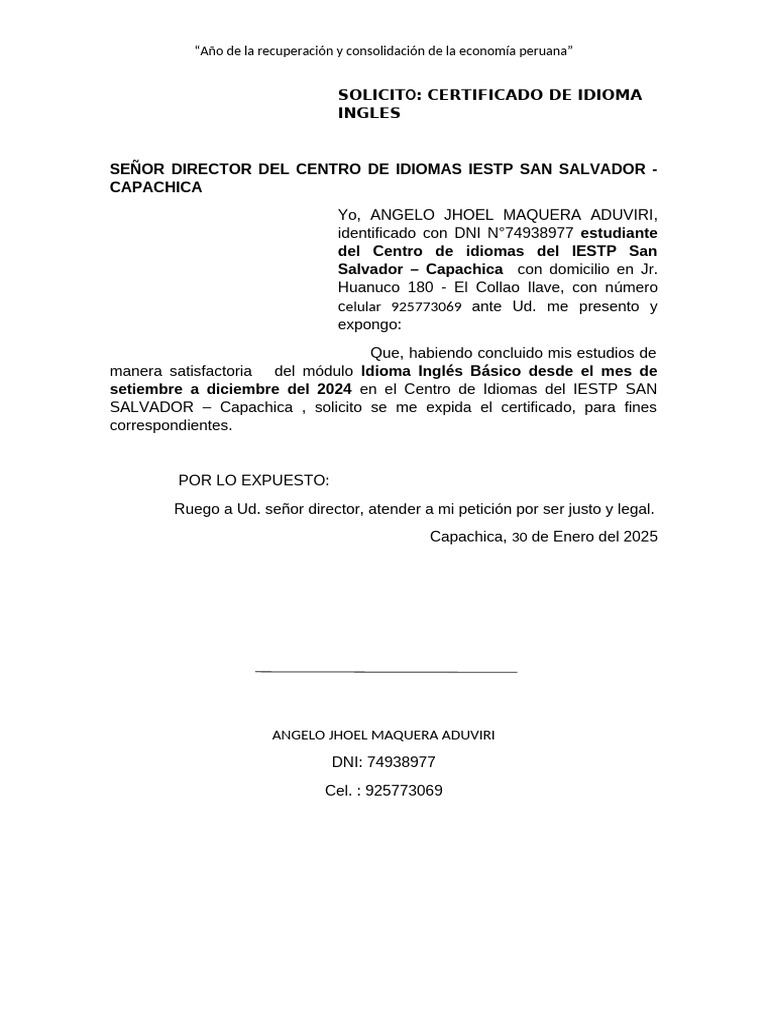 Solicitud de Certificado de Inglés | PDF