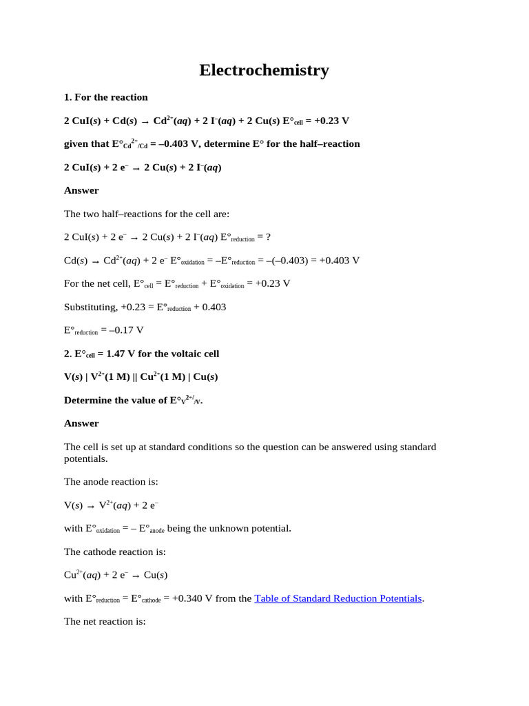 Electrochemistry Cell Reactions and Calculations | PDF | Redox ...