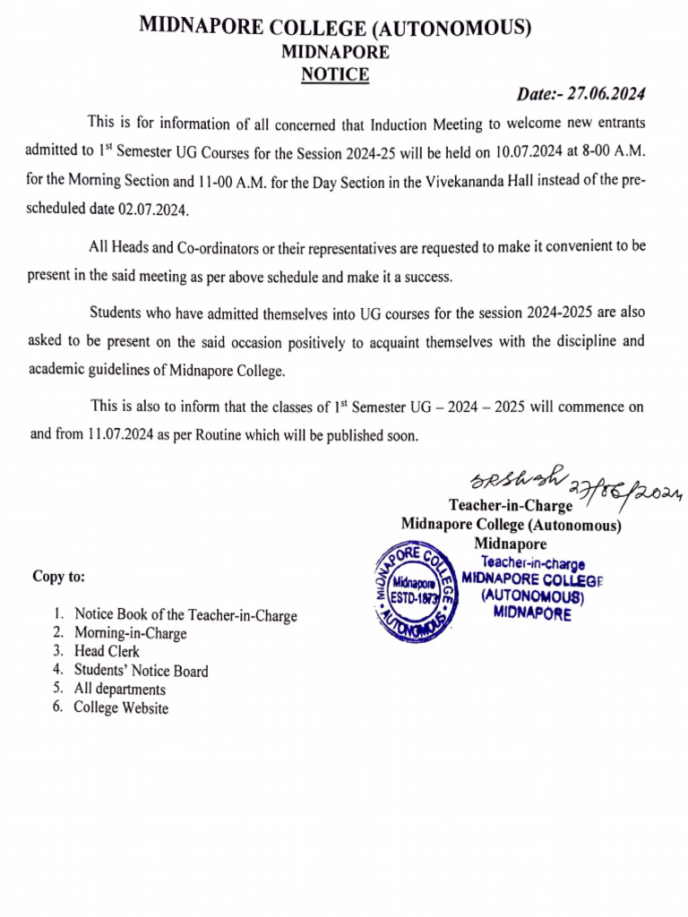 Induction Meeting UG 1st Semester 2024 2025 | PDF