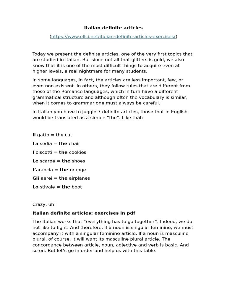 Italian Definite Articles Explained | PDF | Grammatical Gender ...