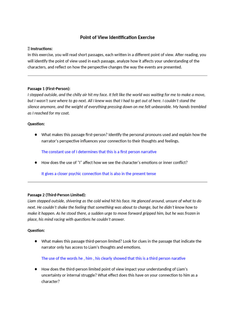 Point of View Exercises and Analysis | PDF | Narration | Feeling