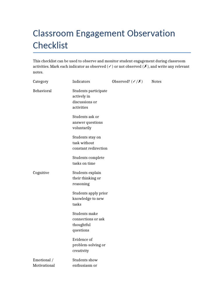 Student Engagement Observation Checklist | PDF