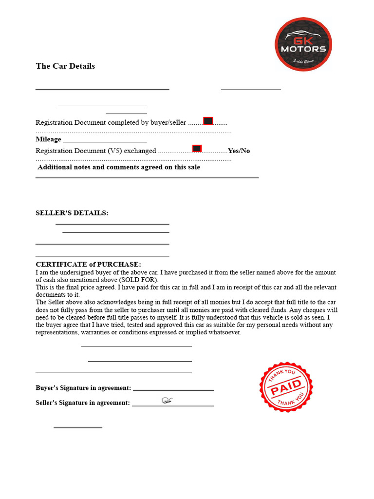 Car Sale Payment Receipt Form | PDF
