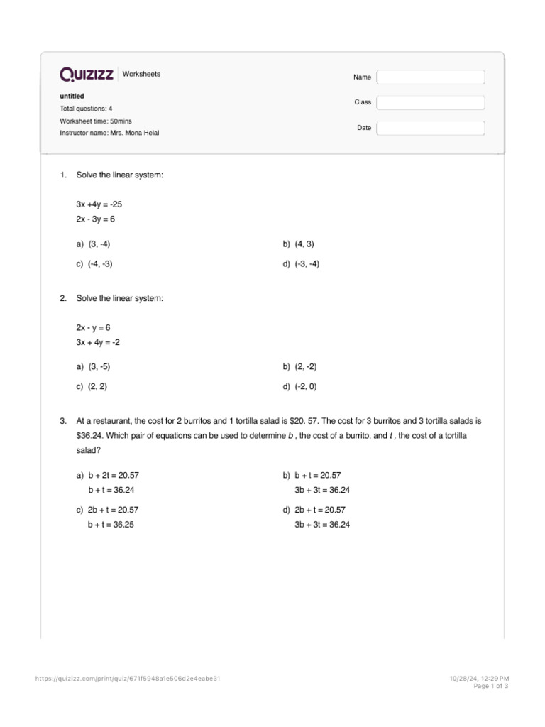 Lesson 9.3 Solve Linear Systems by Multiplying First. | PDF | System Of ...