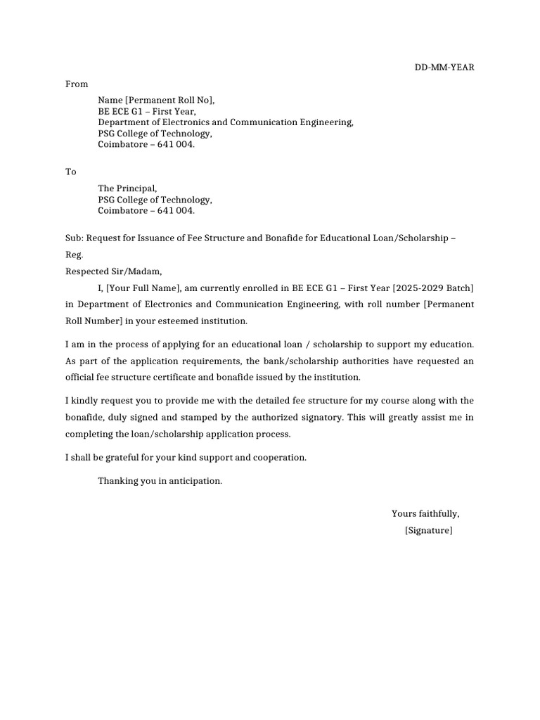 Fee Structure Request for Educational Loan | PDF