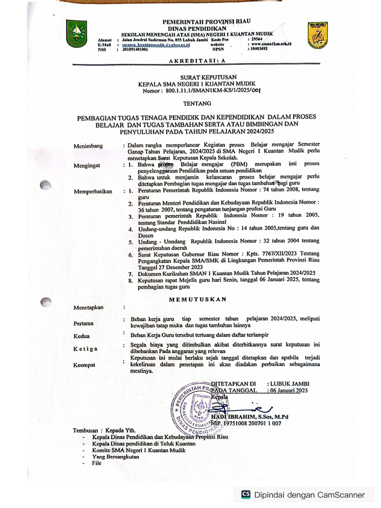 SK Pembagian Tugas SMTR Genap 20242025 | PDF