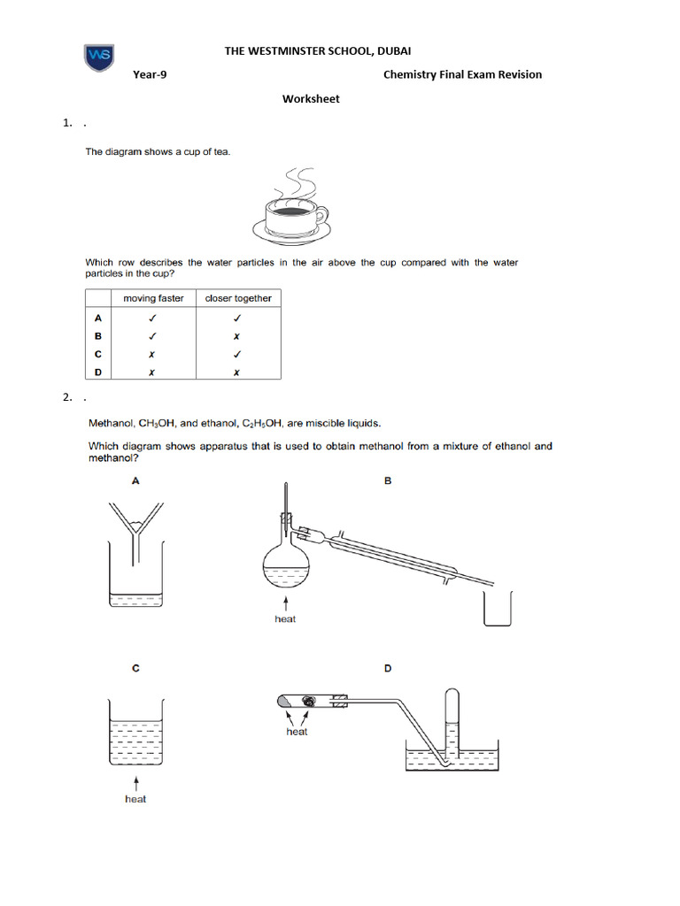 Year 9 Chemistry Final Exam Worksheet | PDF