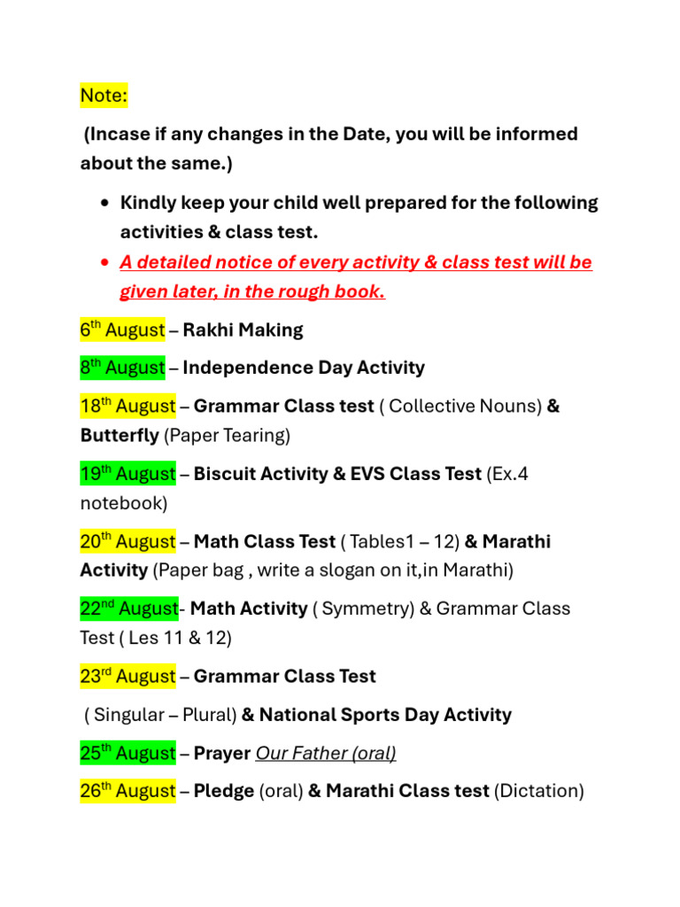 August-September Class Activities & Tests | PDF