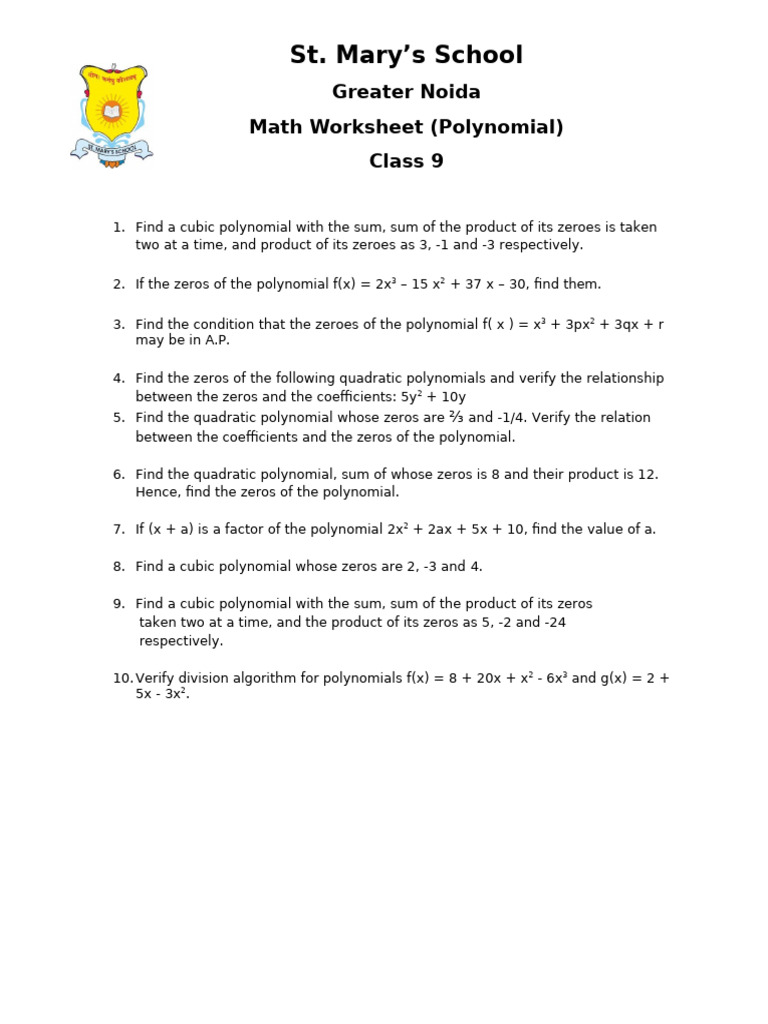 Polynomials Worksheet Class 91 | PDF