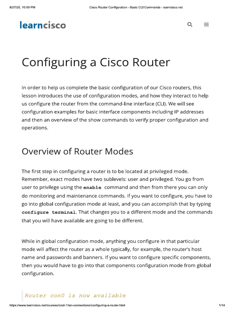 PT Configure Router Cli Commands | PDF