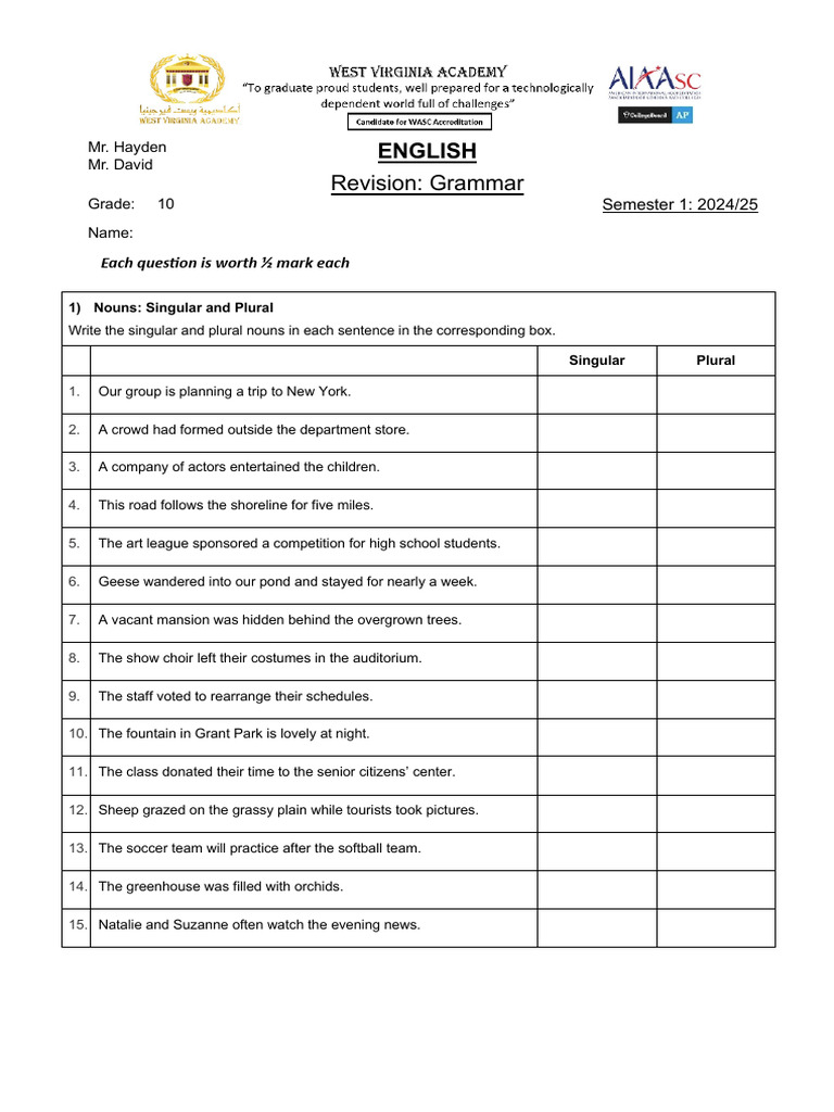 Grammar Worksheet - Revision G10 | PDF | Project Mercury | Syntax