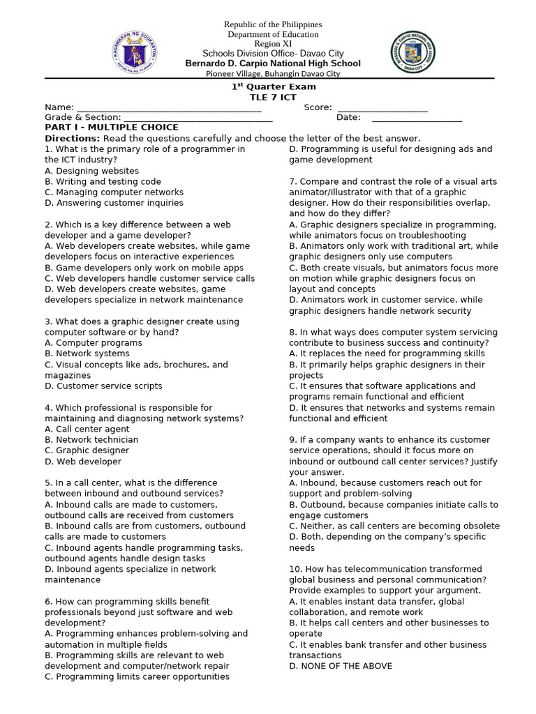 ICT Exam Questions for TLE 7 | PDF | Call Centre | Computer Security