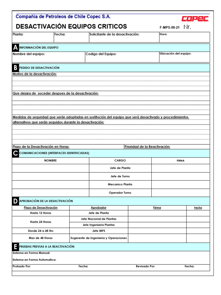 F-MPS-08-21 Desactivacion Equipos Criticos Plantas - 101946 | PDF