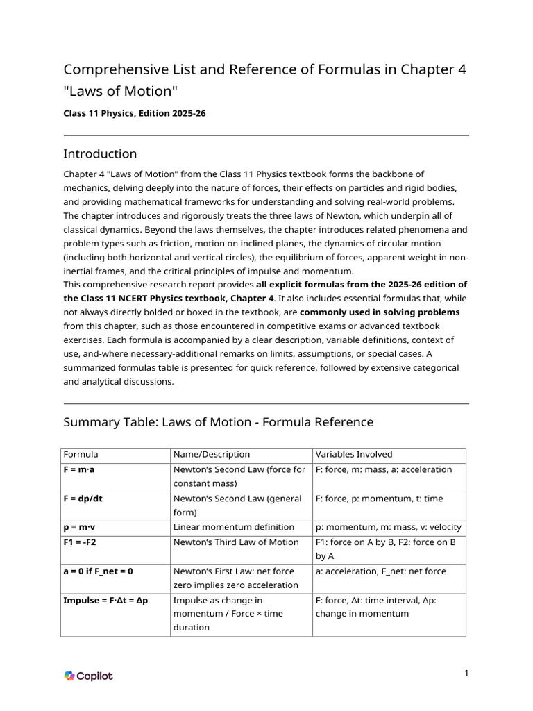 Research Formulas in Class 11 Physics Chapter 4 Laws of Motion | PDF ...
