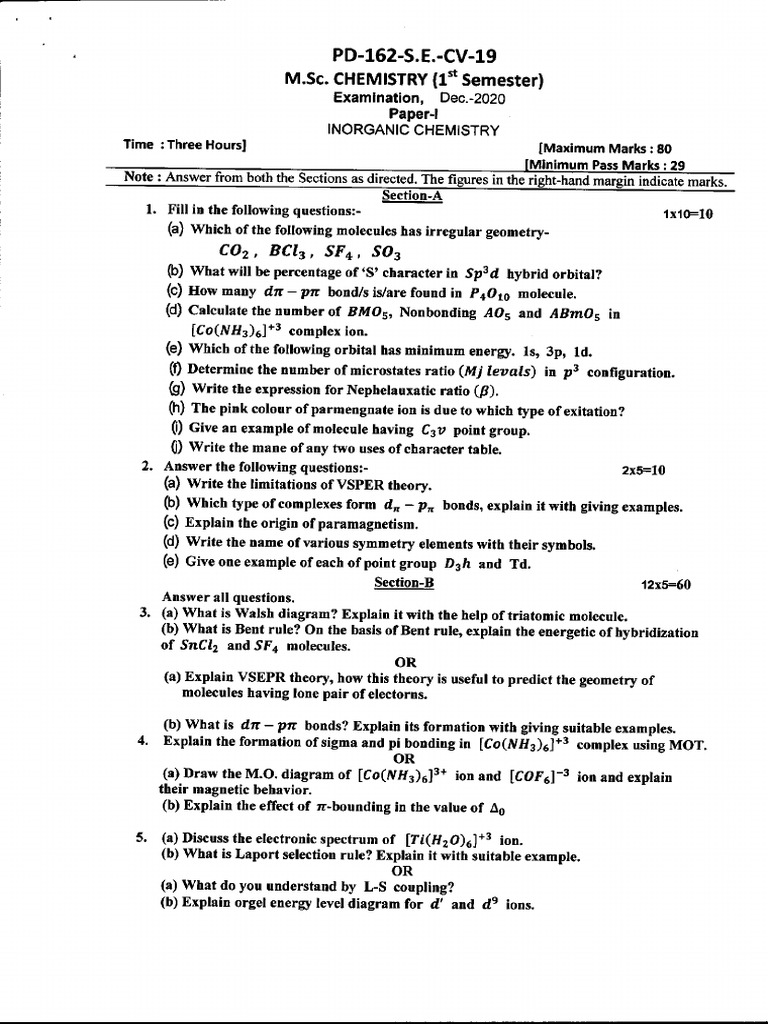 MSC 1 Sem Chemistry Inorganic Chemistry PD 162 Dec 2020 | PDF | Phases Of Matter | Atomic