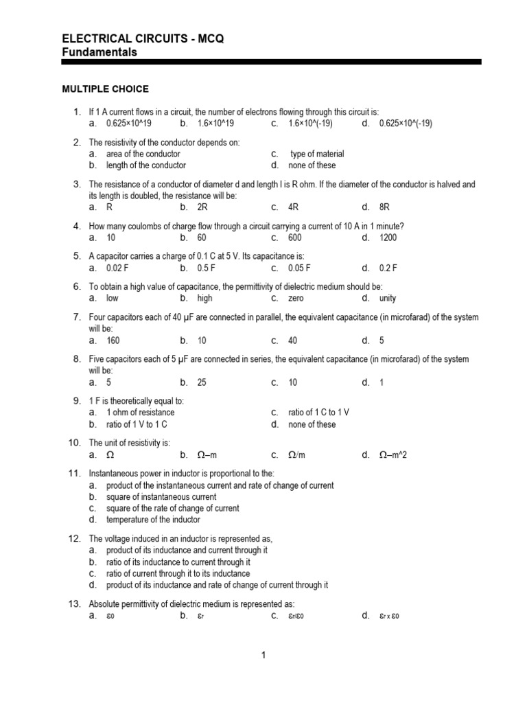 Electrical Circuits MCQ Practice Test | PDF | Series And Parallel ...