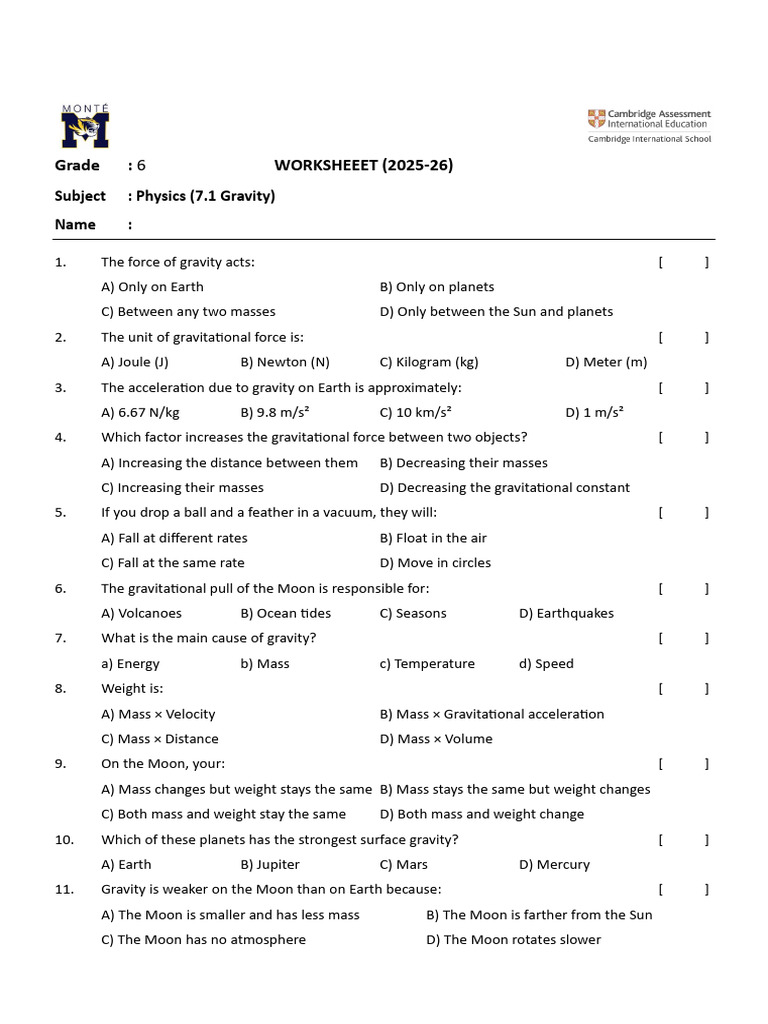 Grade 6 Physics Worksheet on Gravity | PDF | Gravity | Mass