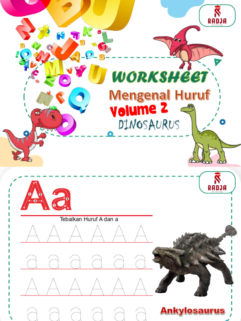 PW019 - 35 Lembar Worksheet Mengenal Huruf Alfabeth - Seri Dino - Printable Worksheet | PDF