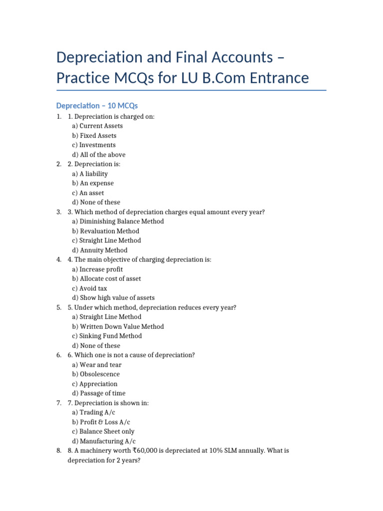 Depreciation Final Accounts MCQs | PDF | Depreciation | Income Statement