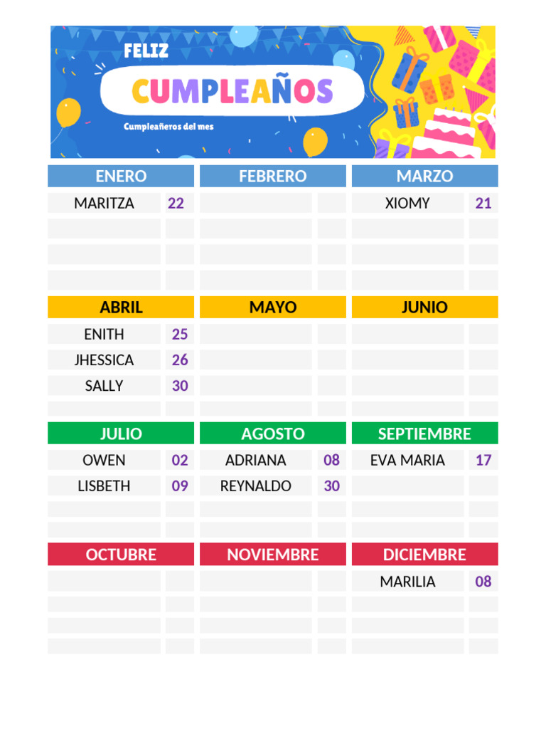 Plantilla de Calendario de Cumpleaños GRATIS | PDF